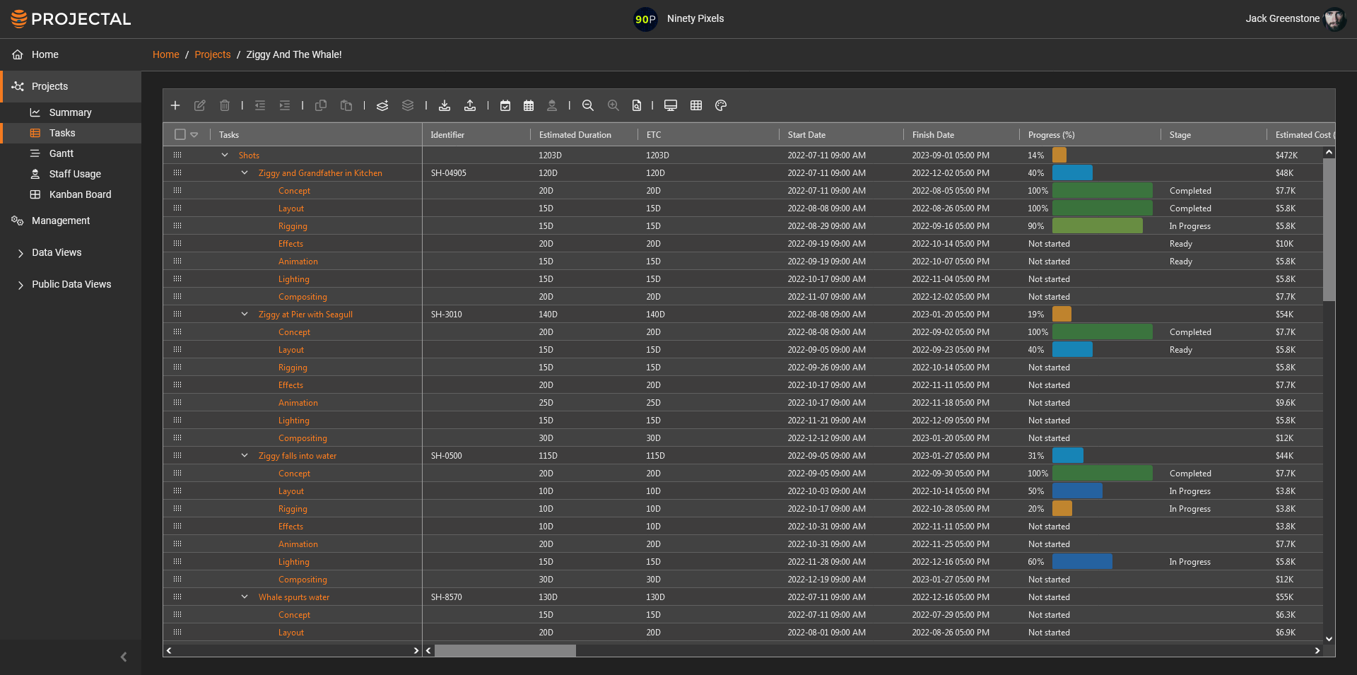 Using the Tasks screen : PROJECTAL