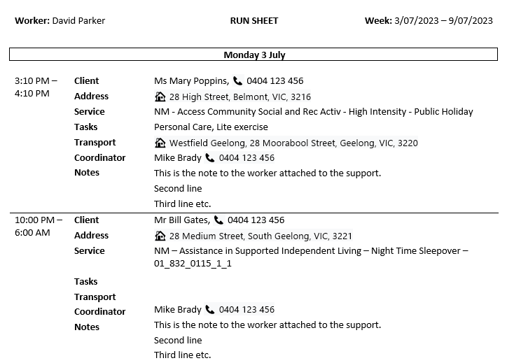CareMaster Help Center - Worker Run Sheet Report