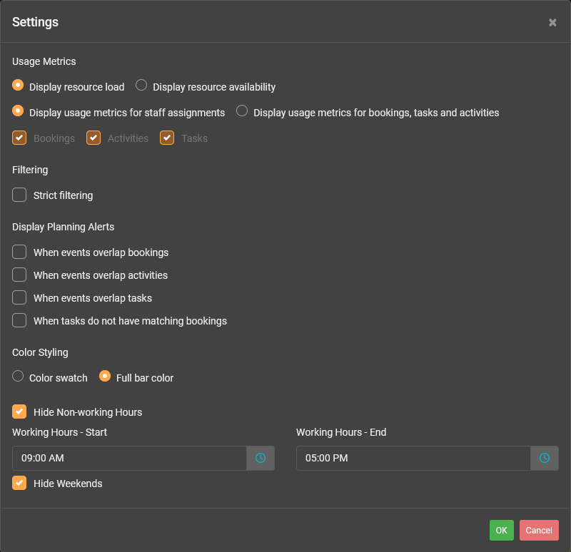 Configuring the Resource Planner using the Settings screen : PROJECTAL