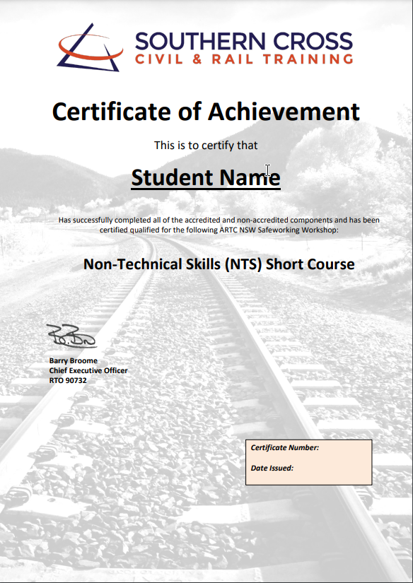 Certificate of Achievement.ARTC - Non-Technical Skills Program (65831) : Rail Industry Worker ...