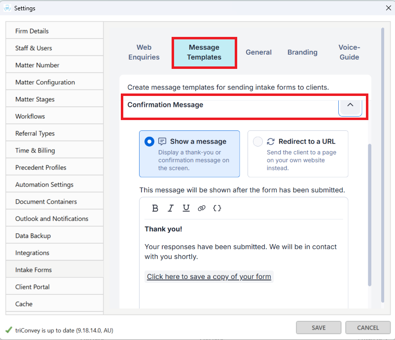 Set up a custom URL redirect after Intake Form completion : triSearch