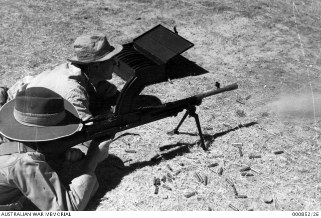 A Bren gun being operated in training by two members of the 2/5th ...
