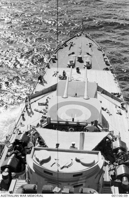 A view of the armament on the forward deck of the modified Leander ...