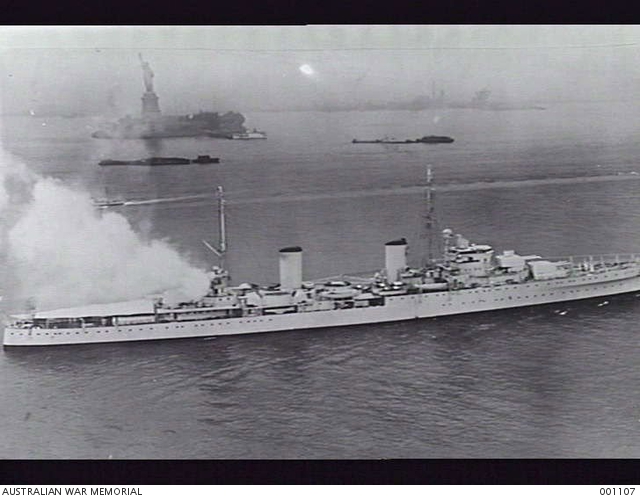 AERIAL STARBOARD SIDE VIEW OF THE MODIFIED LEANDER CLASS CRUISER HMAS ...