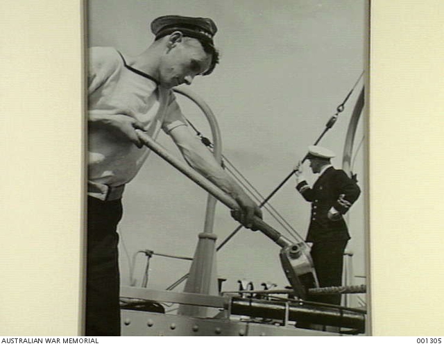 MINE SWEEPING. MEASURING THE LINE WHICH IS USED FOR HAULING THE SWEEP ...
