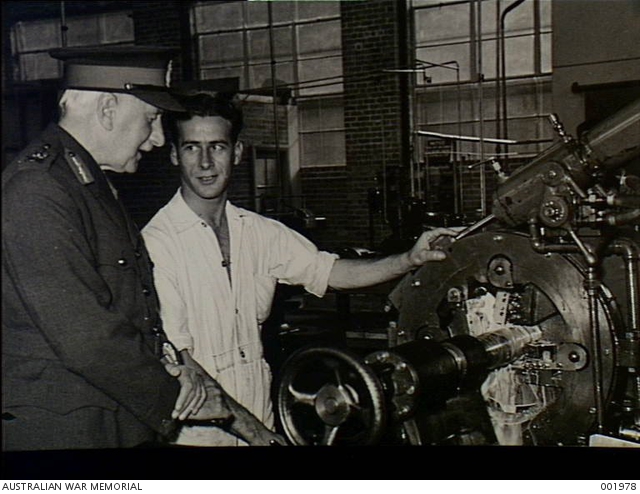 Pyrmont. The Governor General, Lord Gowrie, talks to an employee at the ...