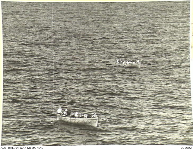 Two lifeboats carrying survivors from the Italian motor vessel Romolo ...
