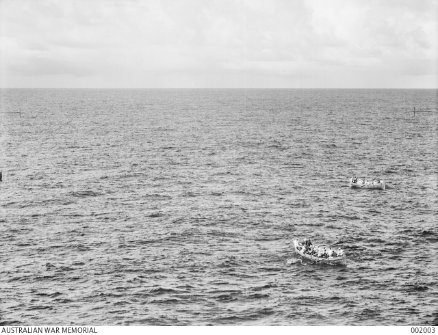 Two lifeboats carrying survivors from the Italian motor vessel Romolo ...