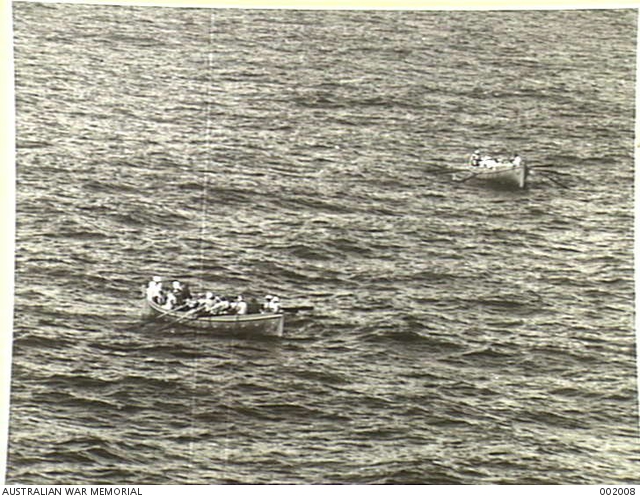 Two lifeboats carrying survivors from the Italian motor vessel Romolo ...