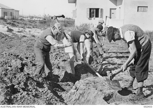 NEWLY ARRIVED REFUGEES DIGGING AIR RAID SHELTERS. | Australian War Memorial