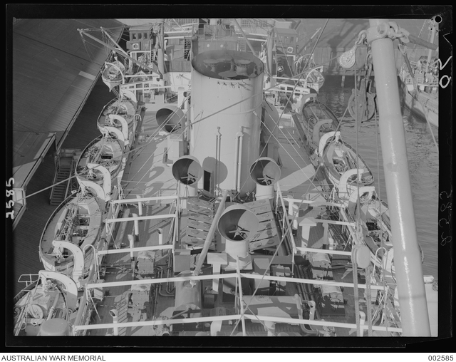 HOSPITAL SHIP "MANUNDA". VIEW LOOKING FORWARD, TAKEN FROM AFT MAST ...