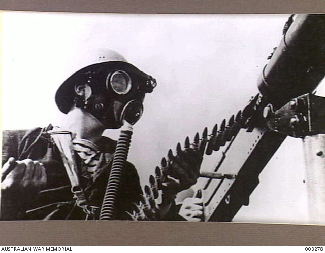 A French Browning machine gun in action aboard a French sloop, which is ...