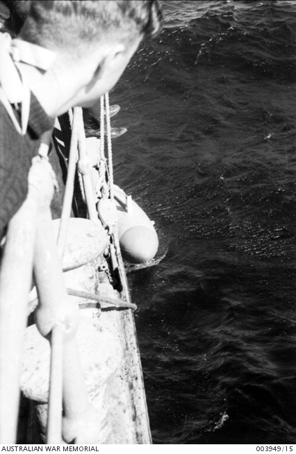 The Oreposa float towed by the minesweeper during sweep operations ...