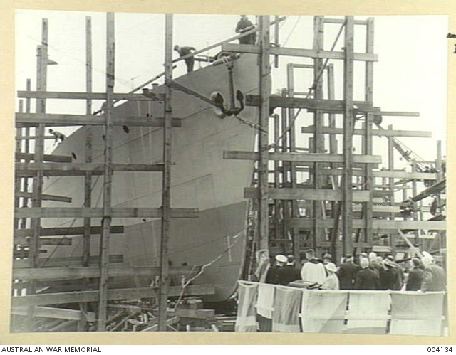 LAUNCHING OF THE H.M.A.S. BALLARAT. (PHOTOGRAPHED BY DEPT. OF INF ...