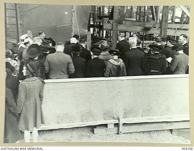 SYDNEY, NSW. LAUNCHING OF THE CORVETTE HMAS LISMORE. DOCKYARDS ...