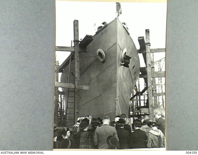 Launching of the Corvette HMAS Lismore. Dockyards throughout the ...