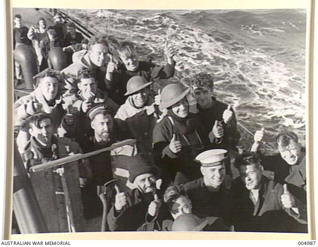 OFF BARDIA - SOME OF THE BOYS ABOARD HMS LADYBIRD, ONE OF THE SHIPS ...