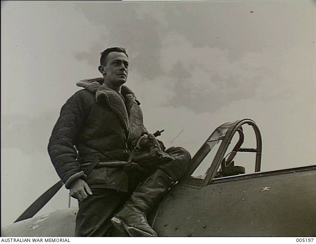Portrait of a RAF pilot sitting on the top of his aircraft ...