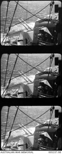 A view of the starboard 4 inch guns installed on the modified Leander ...