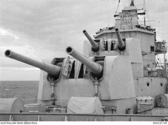 A view of the twin 6 inch guns mounted in turrets A and B on the ...