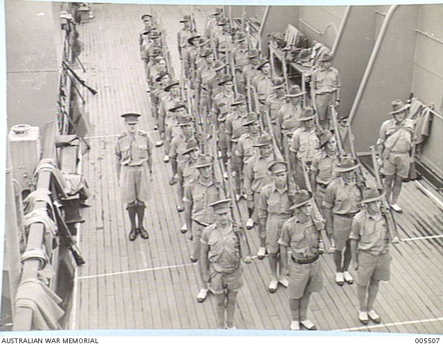 MEMBERS OF THE 22ND INFANTRY BRIGADE DRILL ON THEIR TRANSPORT SHIP, EN ...