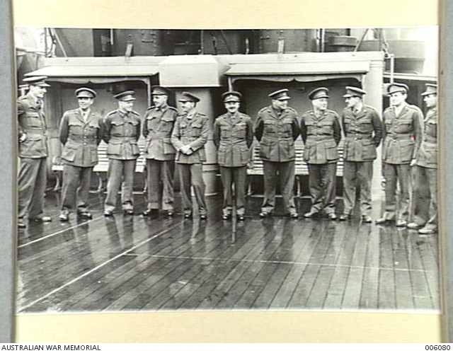 SOME OF THE AUSTRALIAN OFFICERS ON THE DECK OF THE TROOPSHIP. IN THE ...