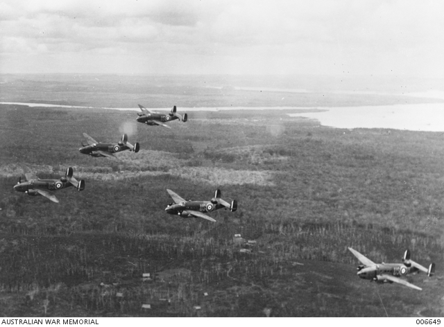 A formation of five Lockheed Hudson bomber aircraft of No. 1 Squadron ...