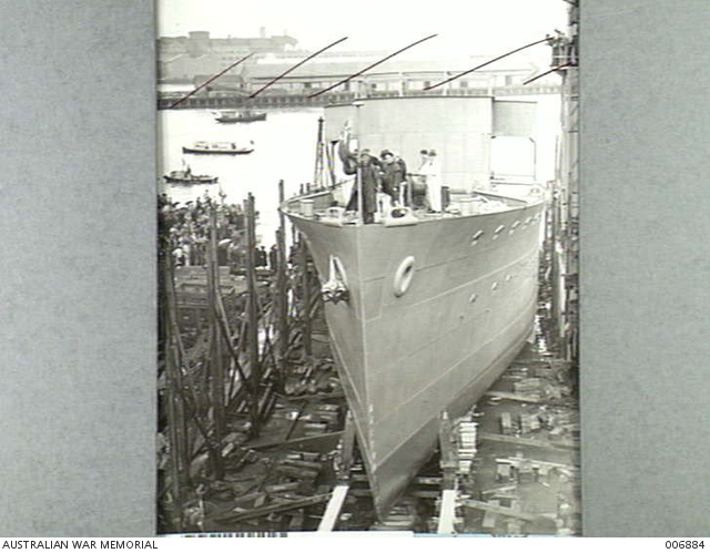 The Bathurst Class minesweeper/corvette HMAS Katoomba on the launching ...