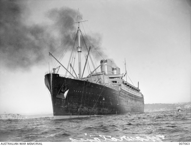 SYDNEY, NSW. THE TROOP TRANSPORT SHIP MAURETANIA AT ANCHOR IN THE ...