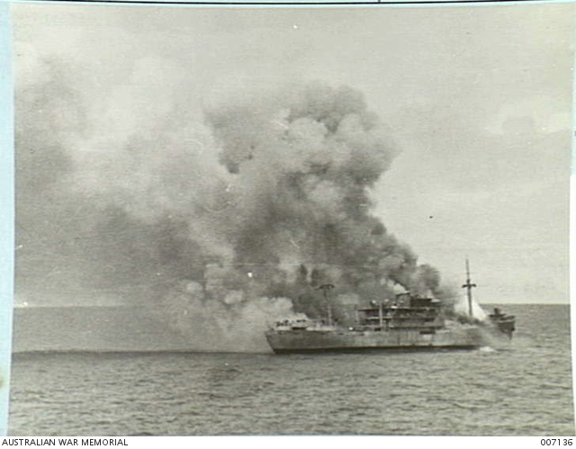 "RAMB 1". ABLAZE FROM BOW TO STERN. | Australian War Memorial