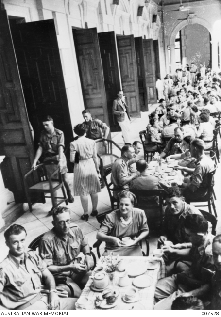 ANZAC Club in Singapore. Men of the AIF and RAAF at afternoon tea on ...