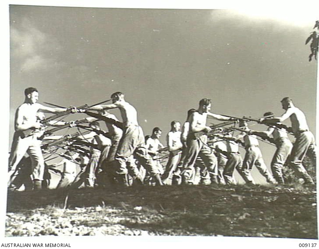 DARLEY CAMP, NEAR BACCHUS MARSH, VICTORIA. BAYONET PRACTICE BY TROOPS ...