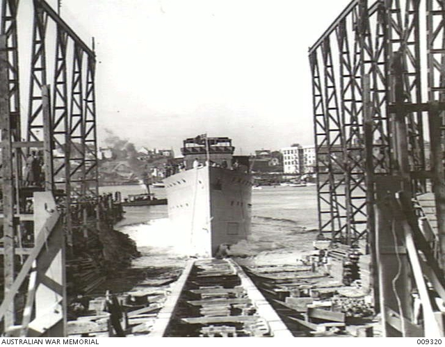 LAUNCHING OF H.M.A.S. DELORAINE (CORVETTE) AT MORT'S DOCK. LAUNCHING ...