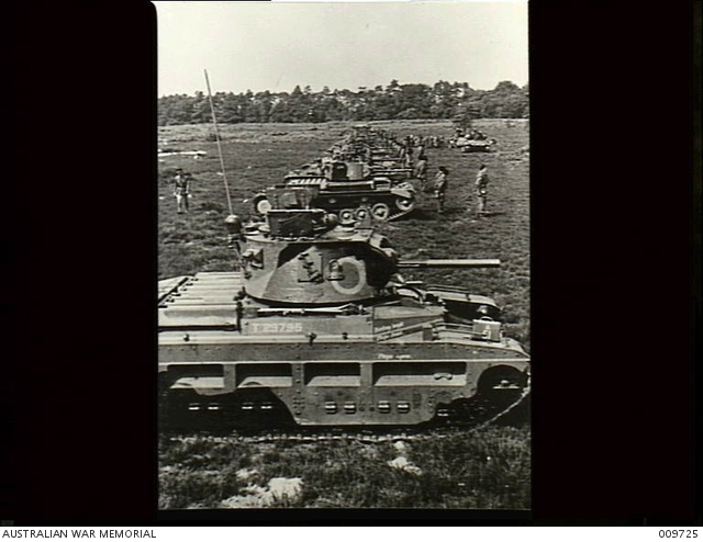 A row of English tanks on parade during an inspection of a British Army ...