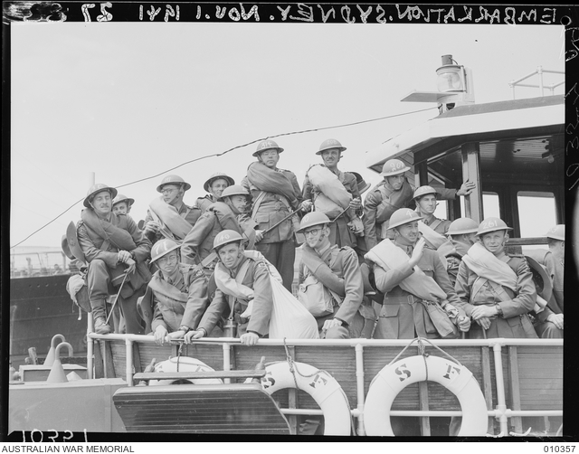 SYDNEY EMBARKATION. OFFICERS ON FERRY. (2/13TH "A" FIELD REGIMENT AND ...