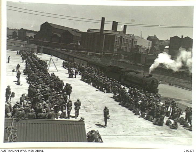 SYDNEY EMBARKATION. TROOP TRAIN ARRIVES AT EMBARKATION WHARF ...