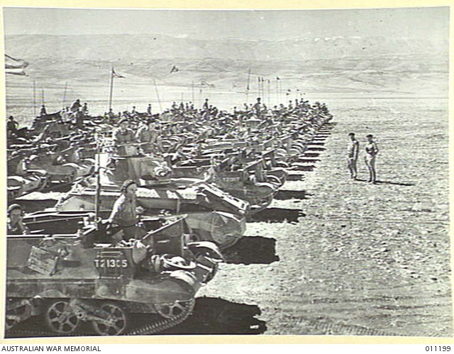 A LINE UP OF TANKS AND CARRIERS OF AN AUSTRALIAN CAVALRY REGIMENT ...