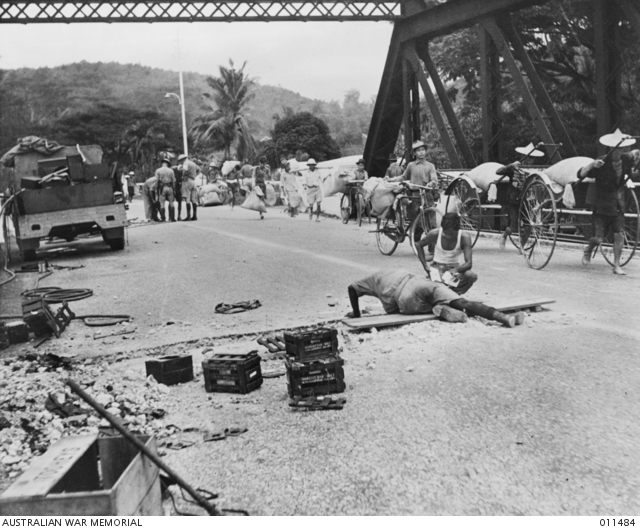 DESTRUCTION OF MALAYAN BRIDGES. SAPPERS GET READY THIS BRIDGE FOR ...