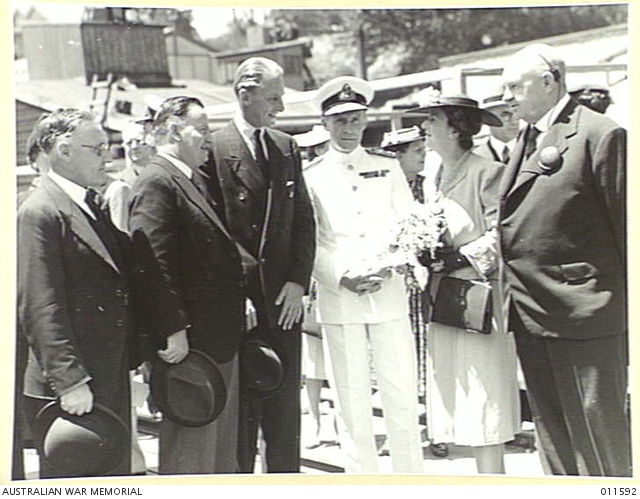 LAUNCHING OF H.M.A.S. WARRAMUNGA. L-R: THE MIN. FOR THE NAVY (MR. MAKIN ...