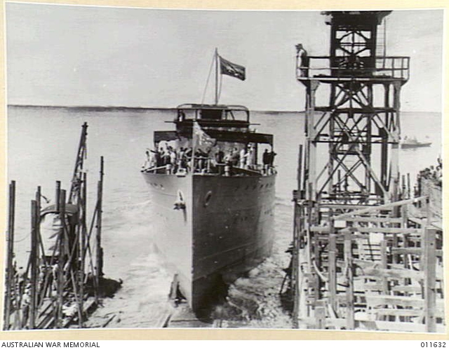 LAUNCHING OF H.M.A.S. WALLAROO, AT DOCKYARDS OF POOLE & STEEL LTD ...