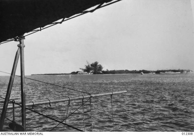 FIRST JAPANESE AIR RAID ON DARWIN, BOMB BLAST SEEN FROM A SHIP IN THE ...