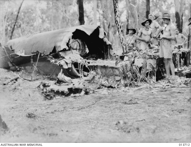 RAAF personnel at the site of the wreckage of a Japanese 'Betty' bomber ...