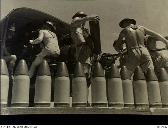 Pacific Area. A row of anti aircraft shells ready to be loaded into the ...