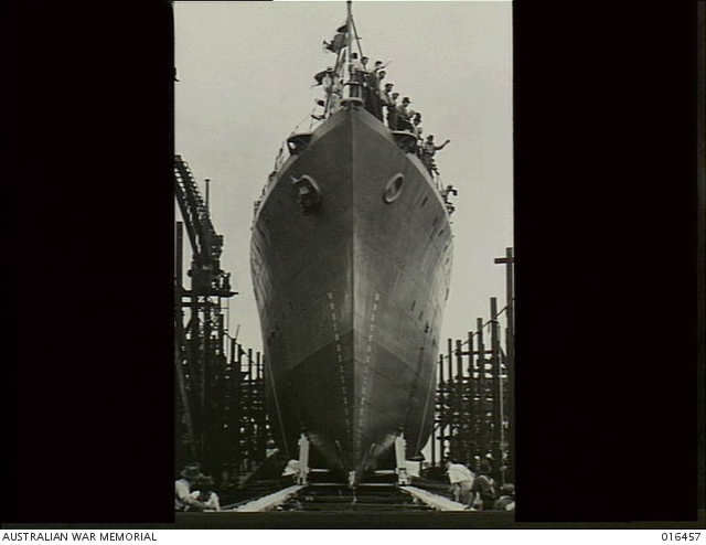 HMAS Bataan sliding down the slipways after the tribal class destroyer ...