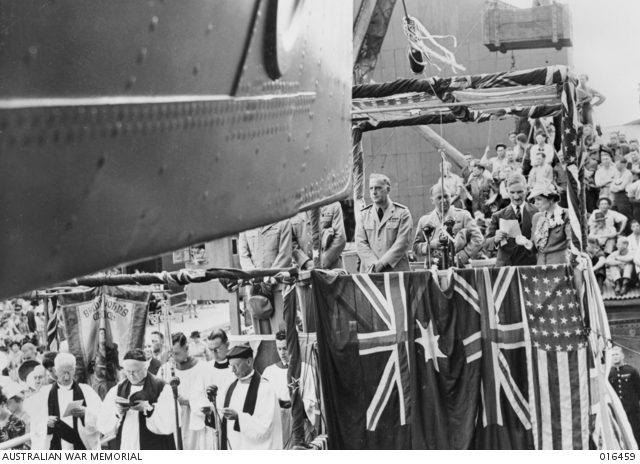 Prior to the launching of the HMAS Bataan, a tribal class destroyer, a ...