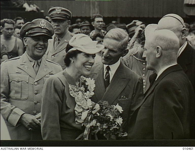 Mrs Douglas MacArthur on her arrival at the shipbuilding yard to launch ...