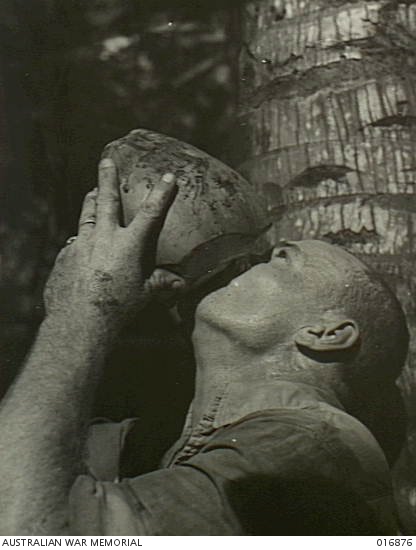 Dutch New Guinea. Driver Don Trotman of Townsville, Qld, cools off ...