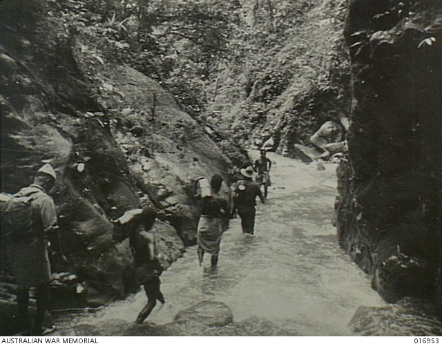 New Guinea. Natives carrying supplies and ammunition on their shoulders ...