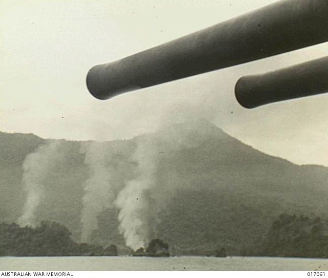 Dutch New Guinea. Grim guns of RAN destroyer HMAS Arunta point out ...
