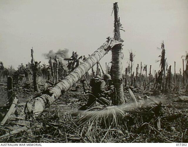 Desolate scene on Wakde as an American soldier advances cautiously ...